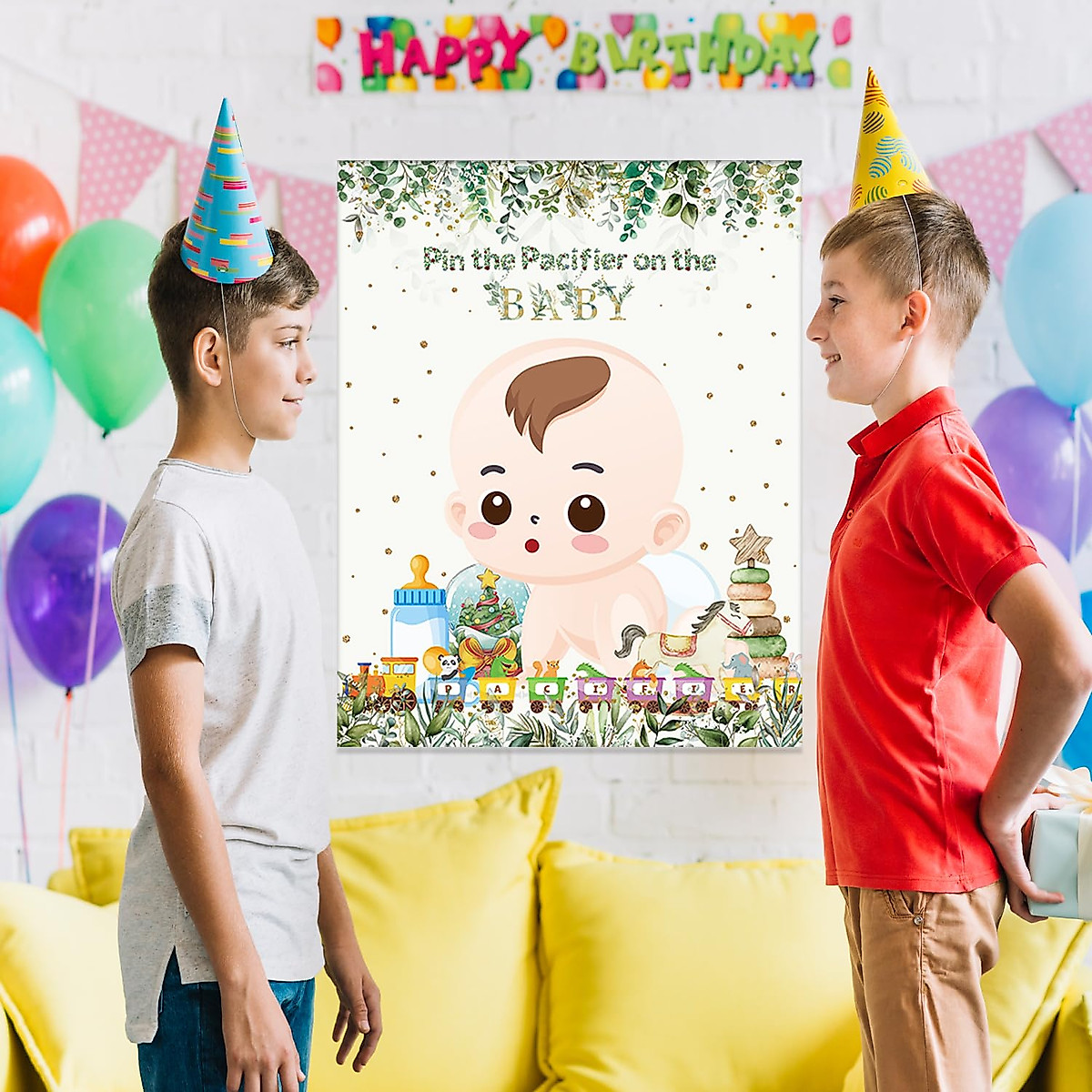 Pin The Pacifier On The Baby Game Sage Large Baby Poster Games for Baby Shower Party Birthday Party Decorations Supplies - 36 Pacifier Stickers 2 Blindfold