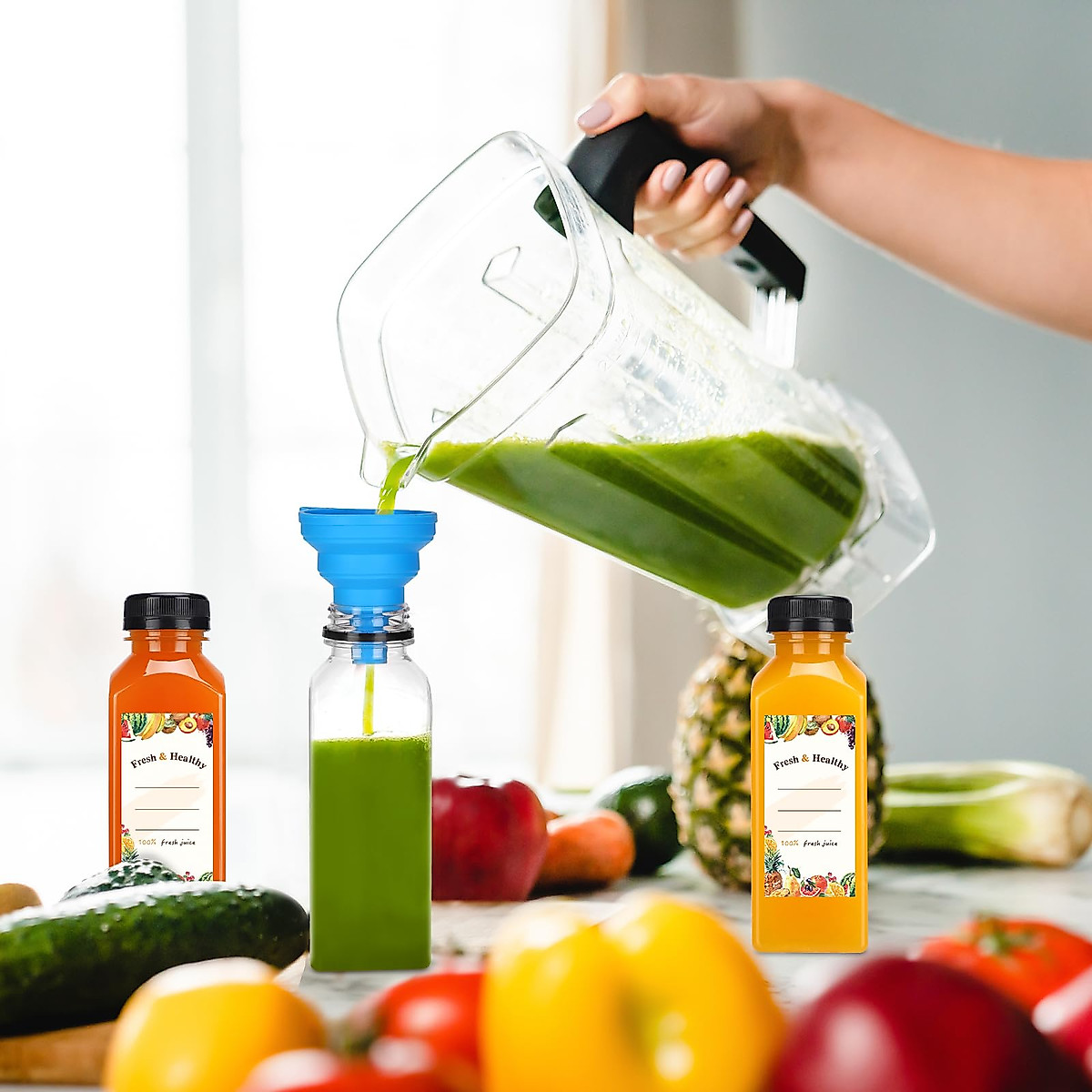 Moretoes 128pcs 12oz Juice Bottles, Plastic Juice Bottles with Caps, Reusable Drink Containers for Juicing, Smoothie and Other Beverages