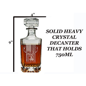 USA Flag Buck Hunting Whiskey Decanter With Glass Stopper Custom Gift For Men Dad Veteran Father's Day Deer Hunter
