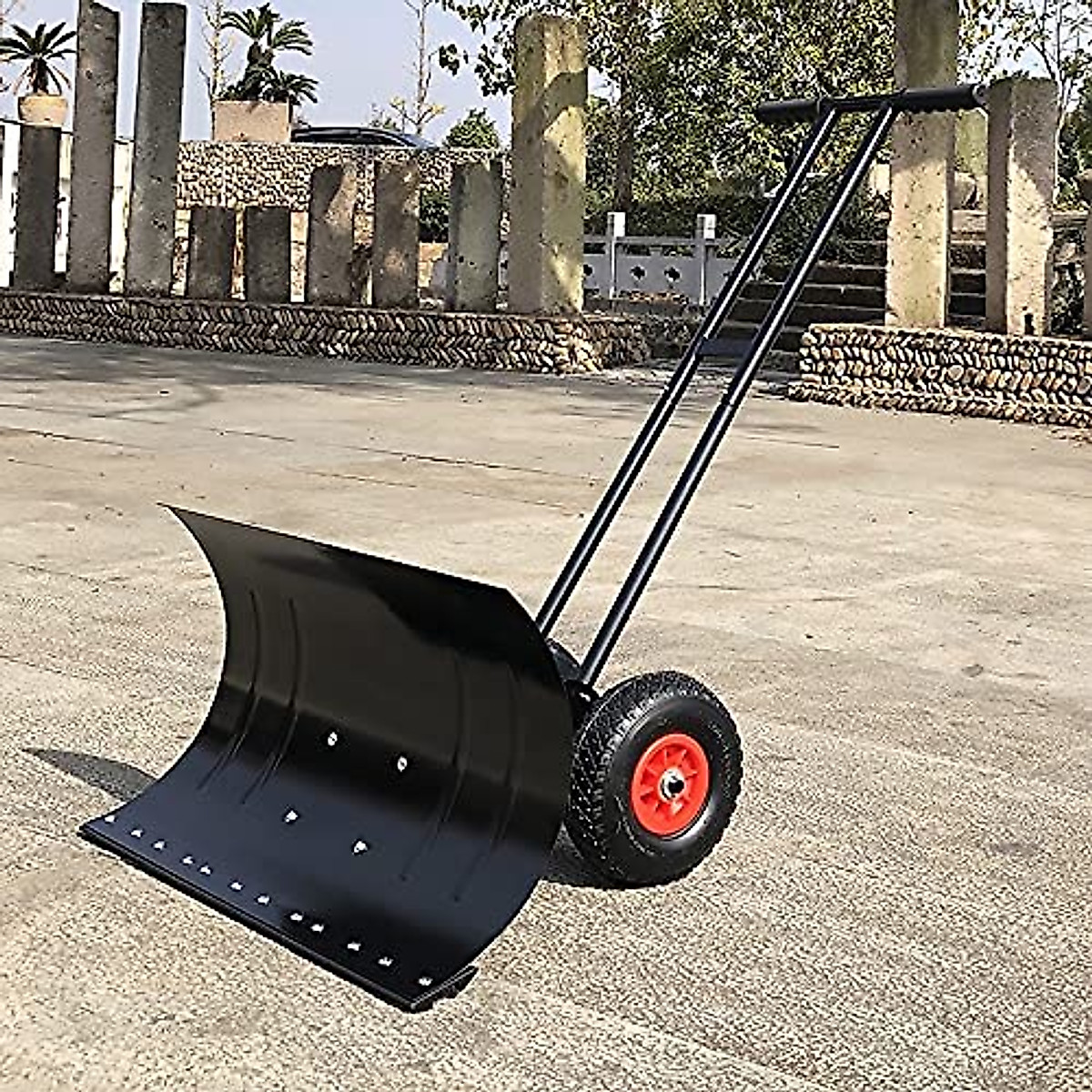 ZhoneQingXninRED Wheeled Snow Pusher Shovel Heavy Duty Rolling with Adjustable Handle & Anti-Skid Wheels and Winter Gloves Removal Tool for Driveway Garden Pavement (29.1x16.5IN )