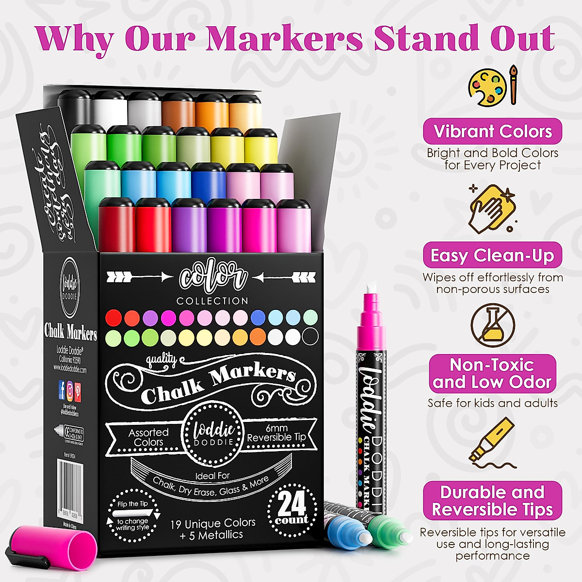 Loddie Doddie Liquid Chalk Markers | Dust Free Chalk Pens - Perfect for Chalkboards, Blackboards, Windows and Glass | 6mm Reversible Bullet & Chisel Tip Erasable Ink (Pack of 24)