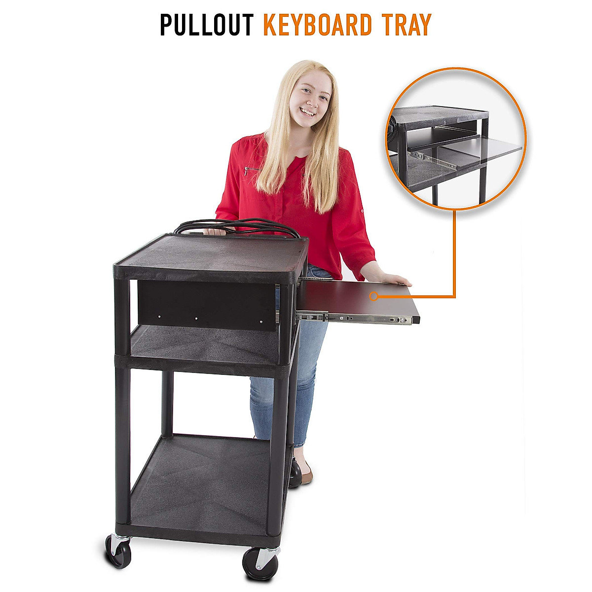 Line Leader Plastic AV Cart with Keyboard Tray, Mobile Workstation with Storage For Offices and Schools, Rolling with 4 Casters, 2 Locking Brakes, Heavy Duty, Holds up to 100 lbs (Black, 24 x 18 x 34)