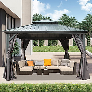 Domi 12' x 12' Hardtop Gazebo Permanent Aluminum Metal Gazebo with Galvanized Steel Double Roof Canopy, Curtains, and Netting for Patio, Backyard, Deck, Lawn