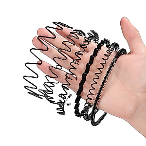 90s Japanese Wavy Hairbands, Unisex Elastic Non-Slip Metal Hair Hoops, 6 Pack