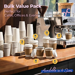 [50 Pack] White Coffee Cups with White Dome Lids and Brown Sleeves - 12oz Disposable Paper Coffee Cups - To Go Cups for Hot Chocolate, Tea, and Other Drinks - Ideal for Cafes, Bistros, and Businesses