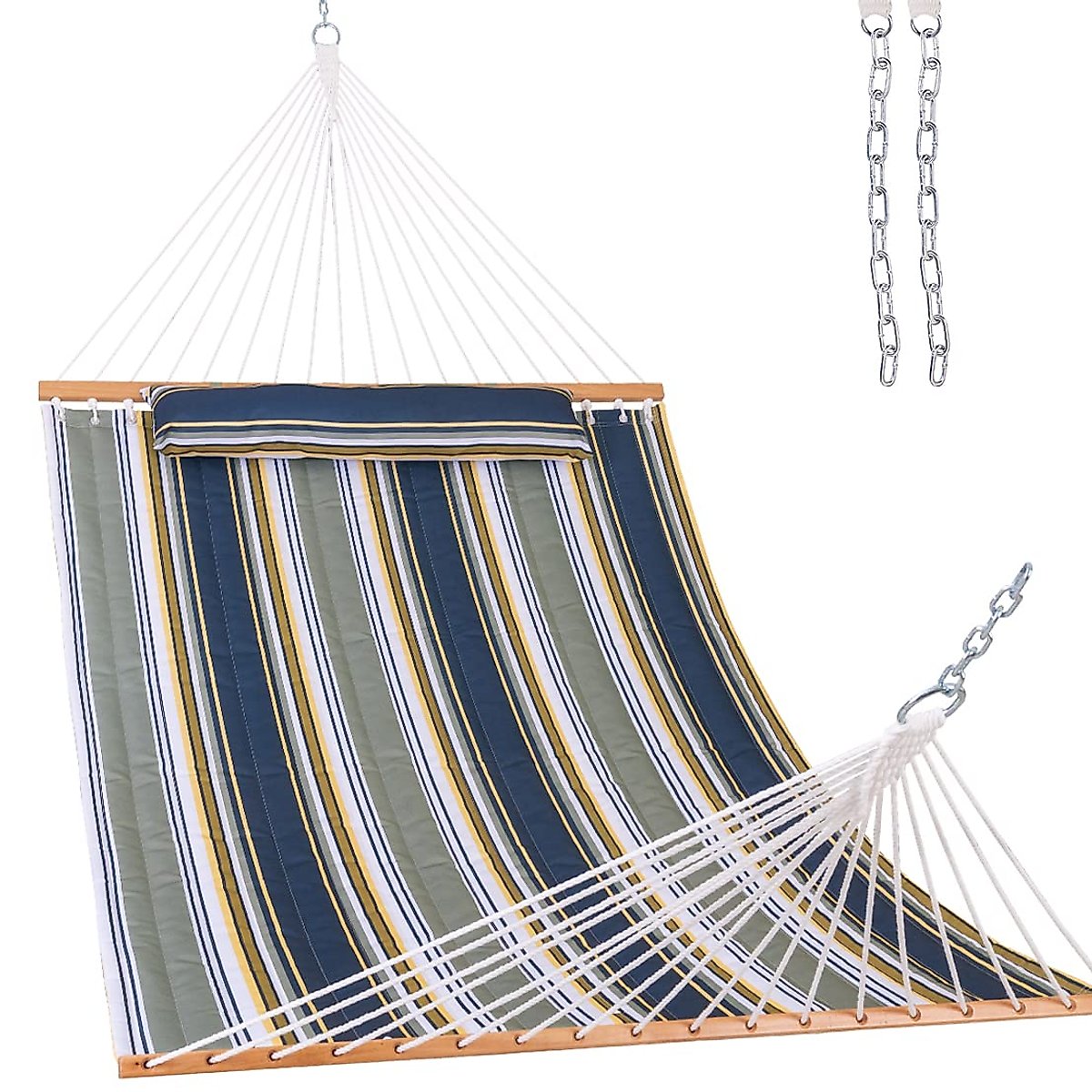 Lazy Daze Hammocks 12 FT Quilted Fabric Hammock with Spreader Bar, 2-Person Double Hammock with Chains and Pillow, Outdoor Hammock for Outside Patio Poolside Backyard Beach, 450 lbs Capacity, Froest