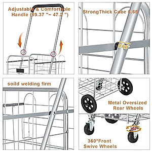XYYSSM Iron 1100mm Telescopic Armrest 0.8mm 16# Round Tube 30kg Silver Foldable Shopping Cart, Shopping Cart with Dual Swivel Wheels for Groceries - Compact Folding Portable Cart Saves Space