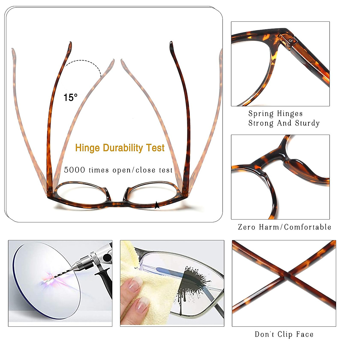 Kerecsen 5 Pack Reading Glasses for Women and Men Large Frame Round Readers Spring Hinges (5 Pack Mix Color, 2.25)