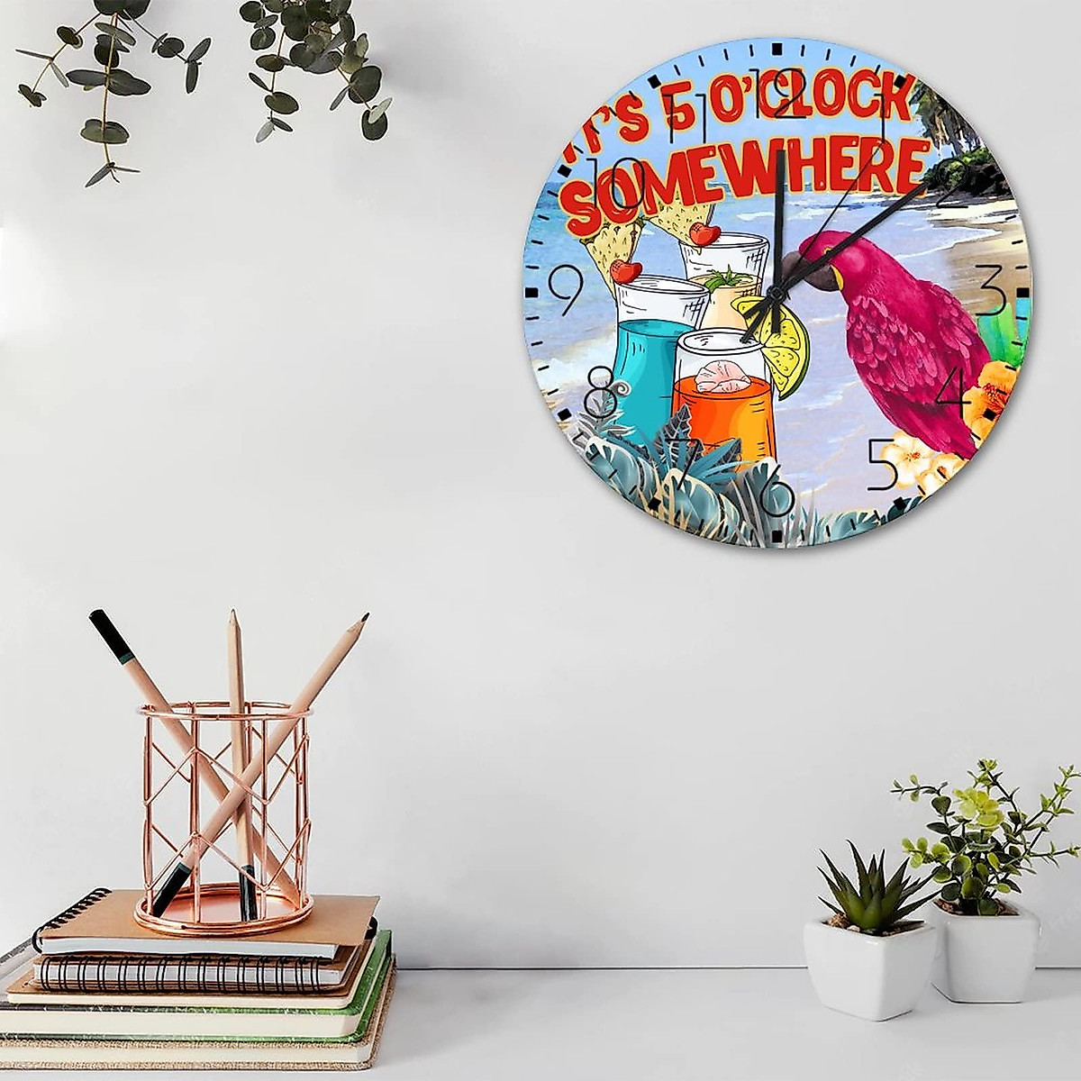 15 Inch Silent Non-Ticking Wall Clocks Battery Operated It's Five O'clock Somewhere Home Decor for Classroom Tiki Bar Pool Hot Tub Luau Custom Round Wooden Wall Clock Rustic for Auto Shop Entryway
