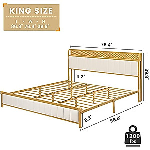 BTHFST King Bed Frame with LED Light Headboard, USB Ports & Outlets, Upholstered King Platform Bed Frame, Sturdy Bed Foundation, Upgraded 2-Row Middle Beams, Creamy White & Gold