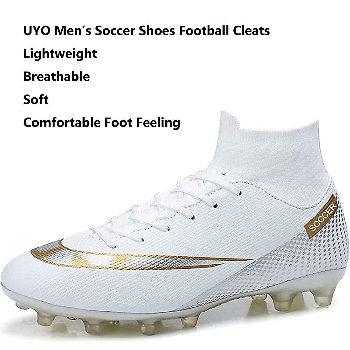 Men's Football Cleats with High-Top Non-Slip Spikes Ankle Supports Indoor Outdoor Firm Ground Soccer Shoes White EU 42 US 9