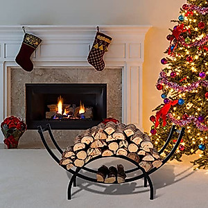 PHI VILLA 40 Inch Heavy Duty Large Curved Indoor/Outdoor Firewood Racks Log Hoop, Oval Base for Kindling Wood Storage Wood Stove Accessories, Black