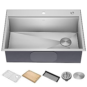 KRAUS KWT310-30 Kore Workstation 30-inch Drop-In 16 Gauge Single Bowl Stainless Steel Kitchen Sink with Integrated Ledge and Accessories (Pack of 5)