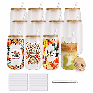 Kocdam 12 pack Sublimation Glass Cups with Bamboo Lids and Straws, Frosted 16oz Blanks Sublimation Beer Cans, Borosilicate Glasses, Sublimation Tumblers for Beer, Juice, Soda, Iced Coffee