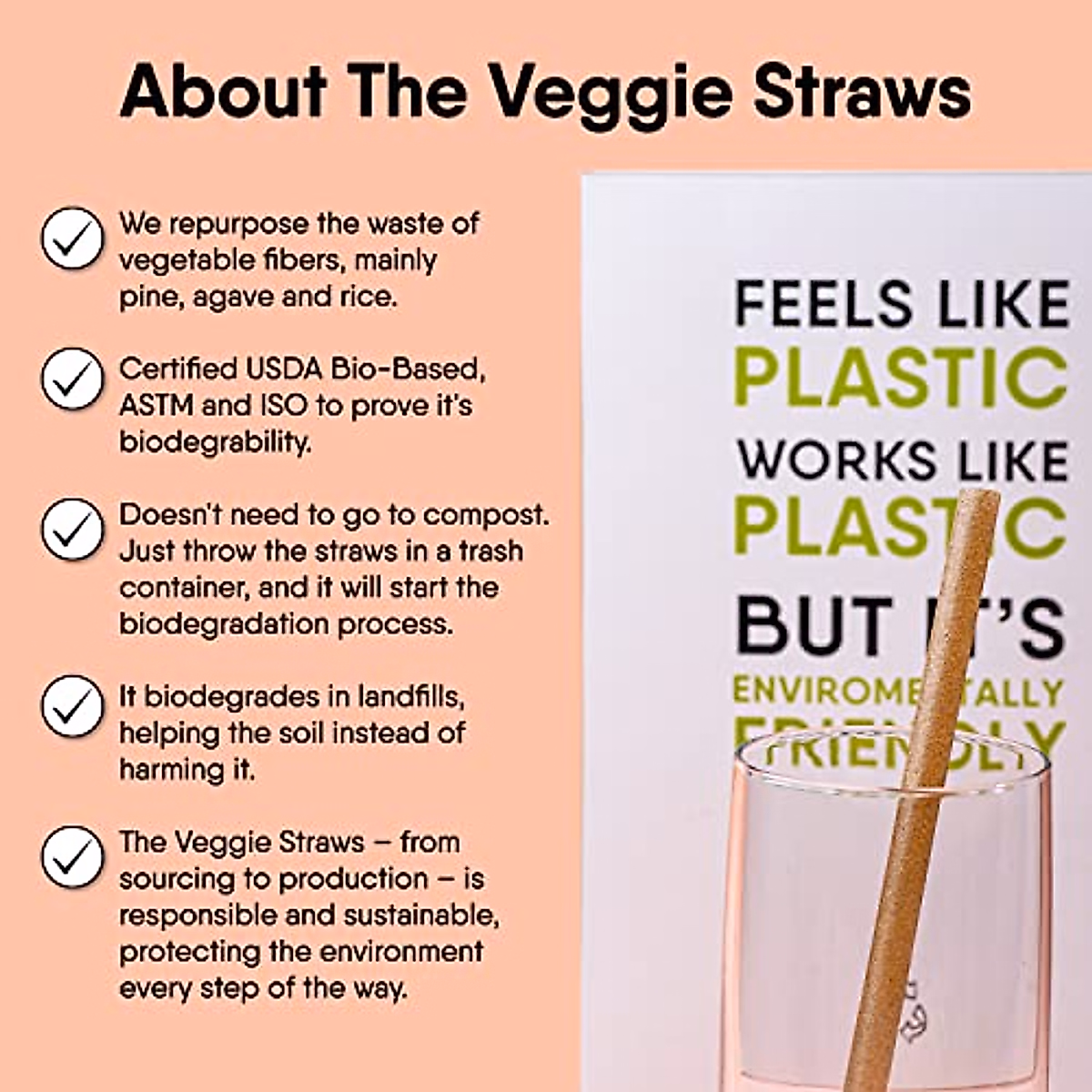 The Veggie Straws – 100 PCS of 8.25 Inches Unwrapped Biodegradable Straws – Made of Vegetable Fibers, Best Environment Friendly Drinking Straws for Hot and Cold Beverages