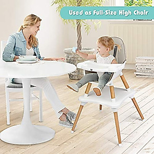 BABY JOY 5 in 1 High Chair, Convertible High Chairs for Babies and Toddlers/Booster Seat/Table and Chair Set, Infant Wooden Highchair w/ 5-Point Harness, 4-Position Removable Tray & PU Cushion, Gray