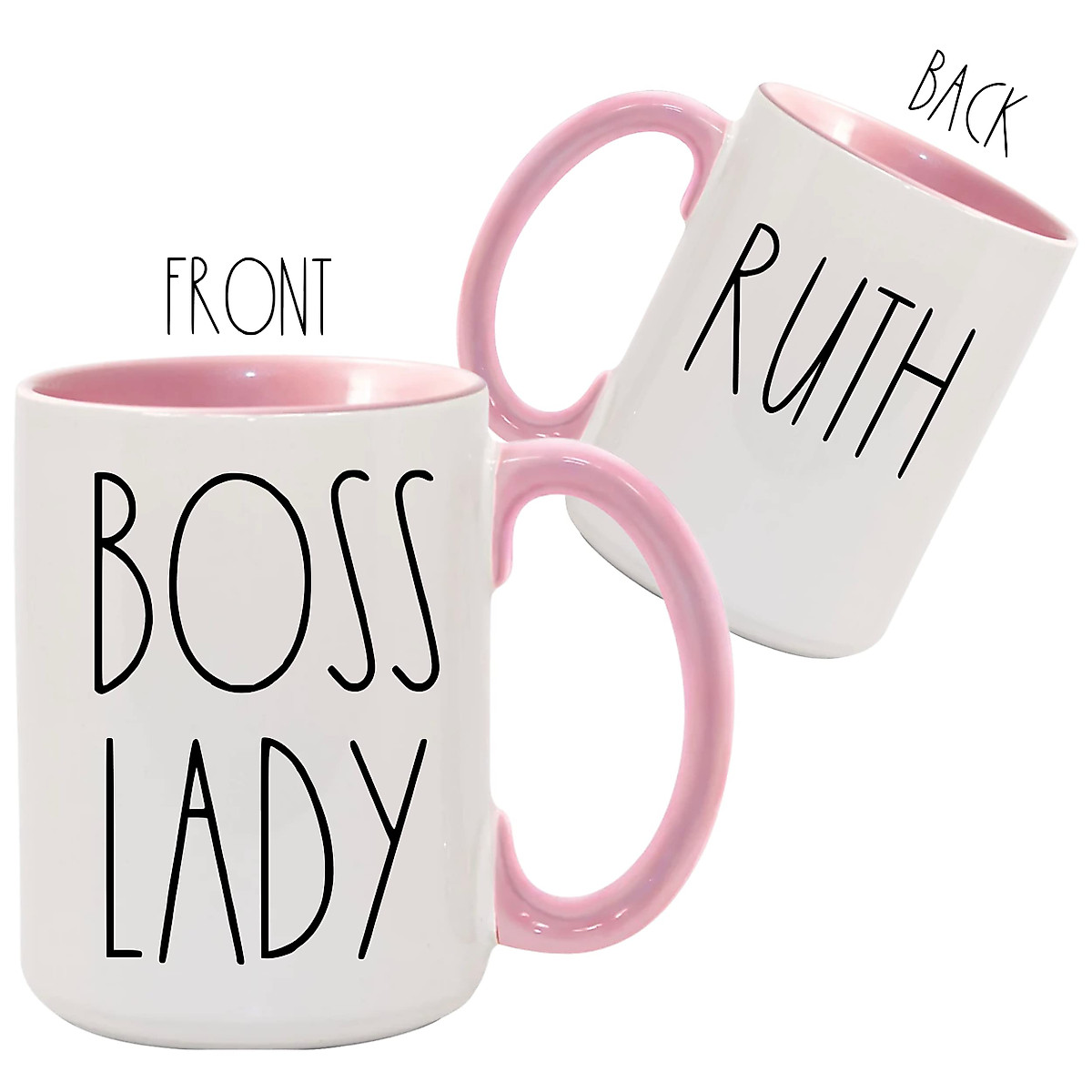 BOSS LADY Farmhouse skinny style inspired Font PINK! 15oz Ceramic Mug | Your Custom Text on the back side!