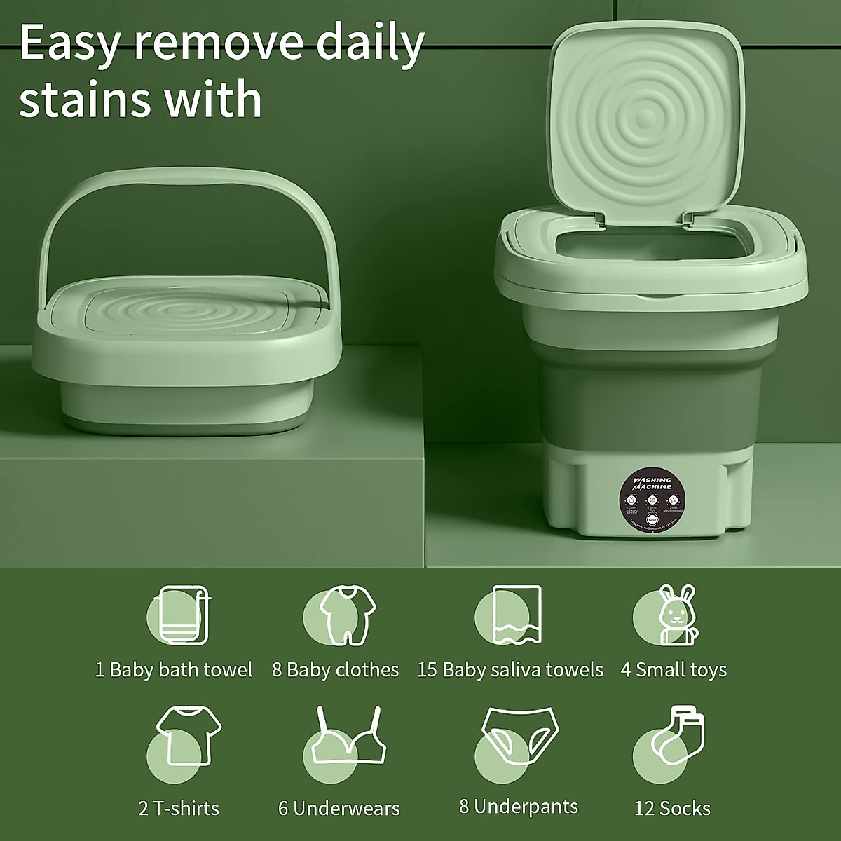 Portable Washing Machine,8L Foldable Mini Washing Machine,FOVXYVO Portable Washer for Underwear,Socks,Baby Clothes,Towels,Pet Items,Apartment,Hotel,RV,Home,Dormitory,Camping,Sickroom,Green