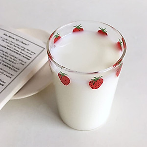 Alipis Glass Water Cup Strawberry Pattern Drinking Cup, Glass Milk Bottle with Straw, Clear Glass Tea Cup Juice Mug for Beverage Beer