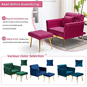 ACMEASE Velvet Accent Chair with Adjustable Armrests and Backrest, Button Tufted Lounge Chair, Single Recliner Armchair with Ottoman and Pillow for Living Room, Bedroom, Fuchsia