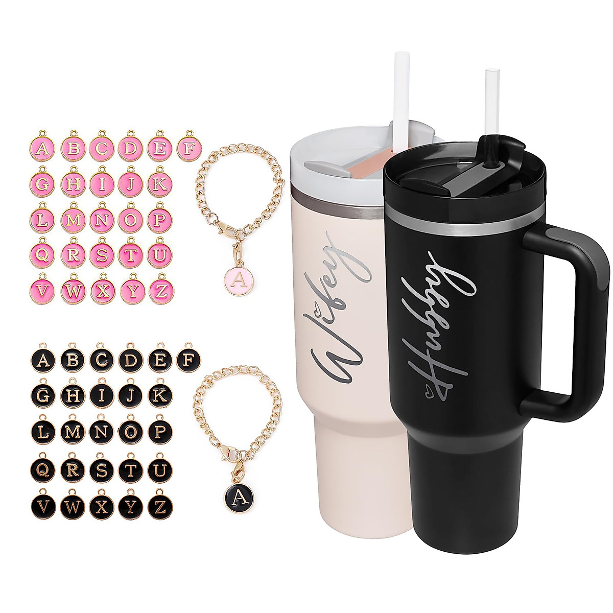 JETIKON Wifey Hubby 40 oz Tumbler Cup for Couples with Handle Lids Straws Letter Charm Accessories 2 Pack Wedding Gifts for Couples 2024 Engagement gift Bridal Shower Gift for Bride Groom Newlyweds