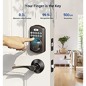 Veise Fingerprint Door Lock, Keyless Entry Door Lock, Electronic Keypad Deadbolt with Keys, Biometric Smart Locks for Front Door, Auto Lock, Anti-Peeking Password, Easy Installation, Oil Rubbed Bronze