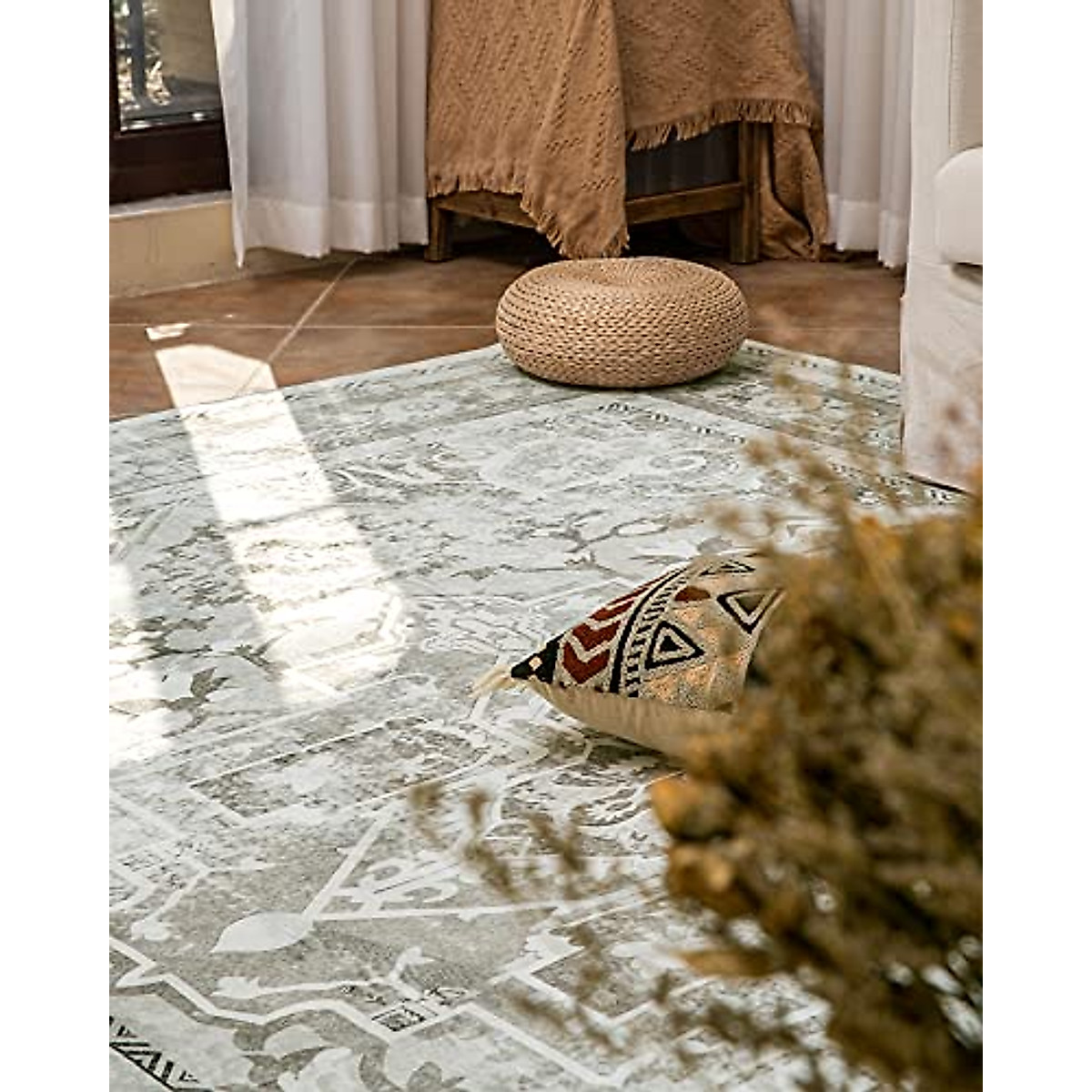 Rugs for Living Room 5x7 feet-Area Rug Carpet-Distressed Vintage Medallion Bedroom Rug Dining Living Room Rug-Aesthetic Machine Washable Rug TP Backing-Grey