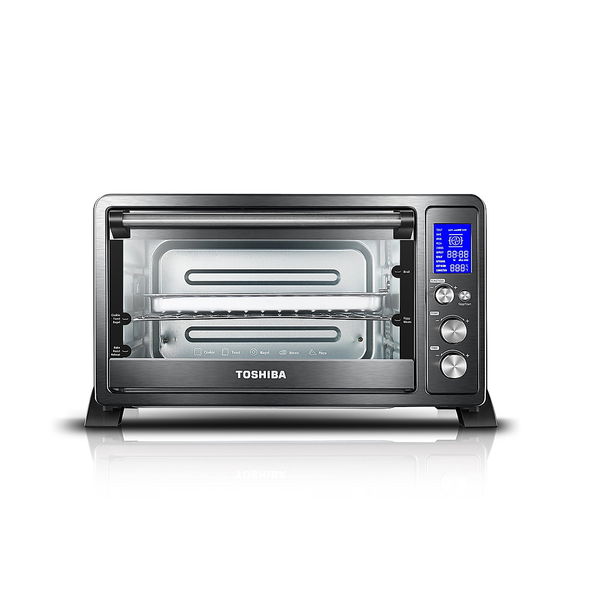 Toshiba AC25CEW-BS Digital Toaster Oven, Black Stainless Steel & EM925A5A-BS Microwave Oven with Sound On/Off ECO Mode and LED Lighting, 0.9 Cu. ft/900W, Black Stainless Steel