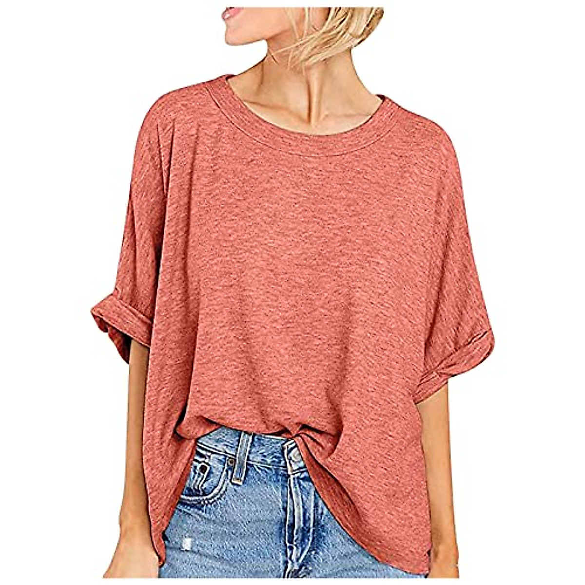 DASAYO Women Plus Size Tshirts Tops Crew Neck Solid Half Sleeve Shirt Tunic Comfy Casual Summer Plain Loose Blouse T Shirts