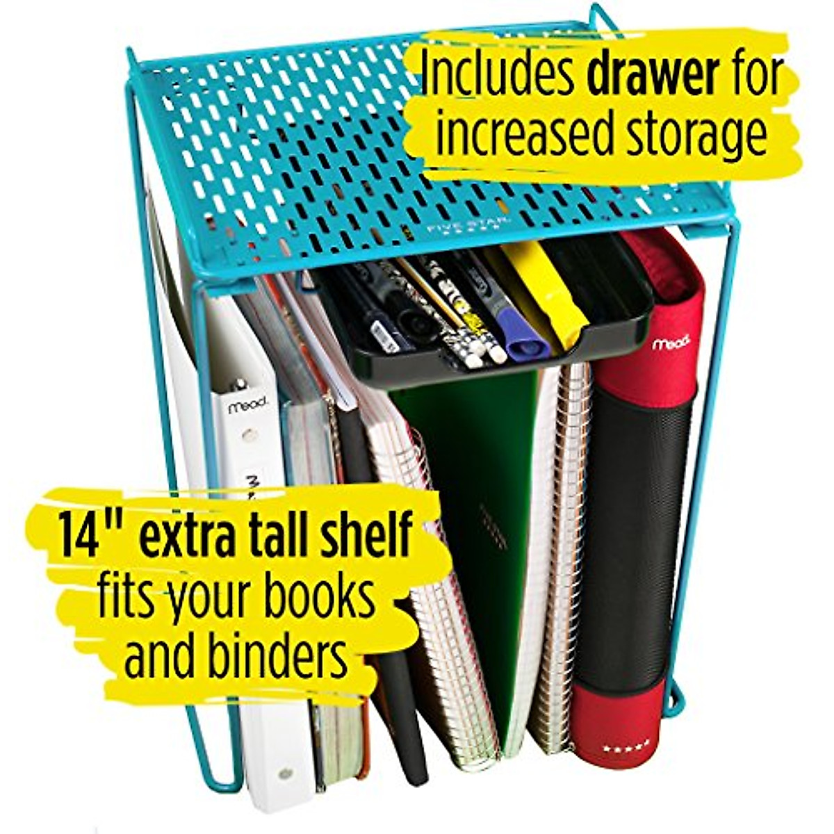 Five Star Extra Tall Locker Shelf and Drawer, Holds 100 lbs., 14 in. Clearance, Fits 12 in. Width Lockers, Locker Accessories, Teal (73363)