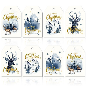 AnyDesign 120Pcs Christmas Paper Gift Tags Blue Watercolor Merry Christmas Tree Elk Hanging Labels with Hemp Ropes 4 Designs Winter Hanging Paper Tags for Xmas Art Craft Holiday Present Party Supplies