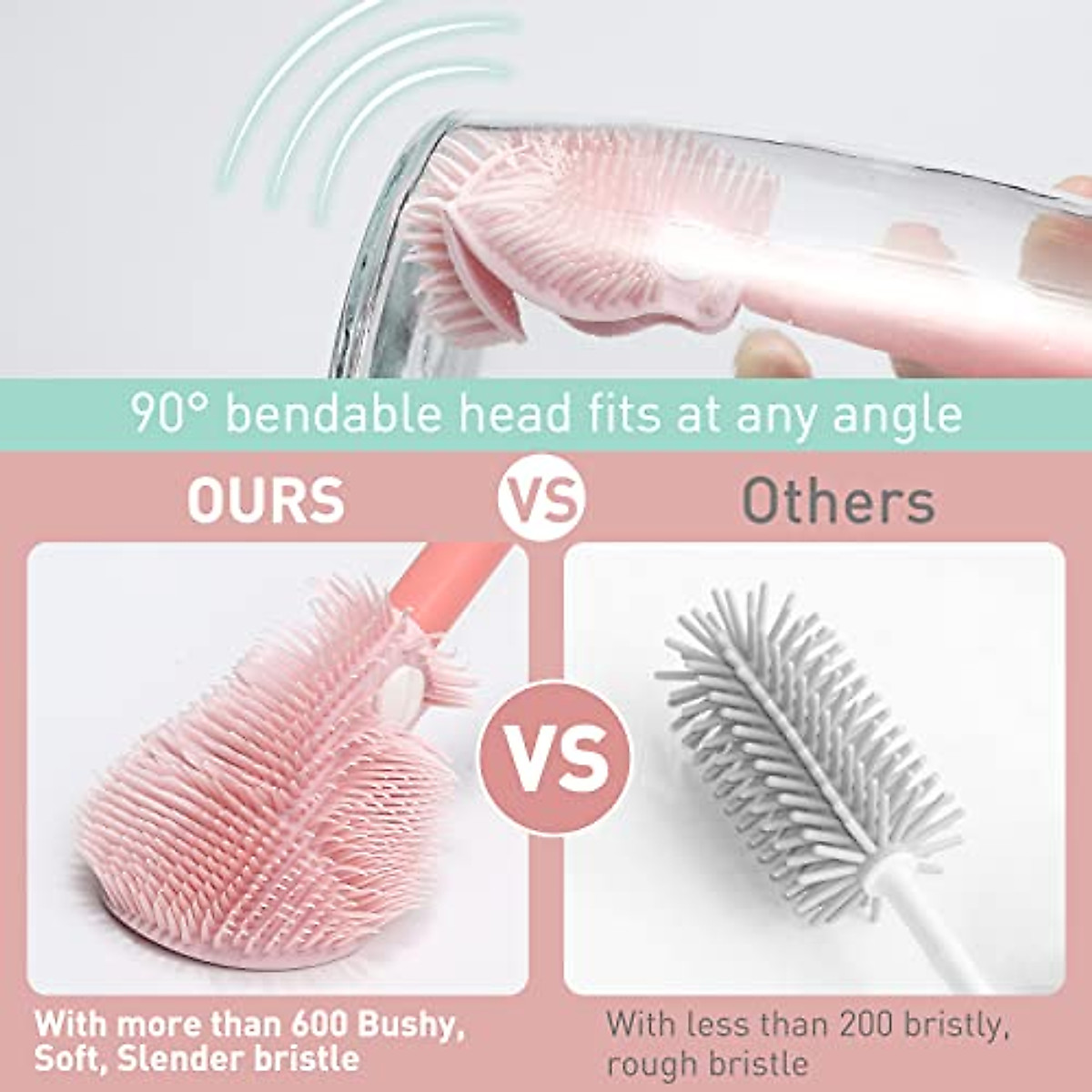 Baby Bottle Brush, VOOWO Telescopic Silicone Bottle Brush for Cleaning with Long Handle, Water Bottle Cleaner Brush with Nipple & Straw Cleaner, Included Towel (Pink Telescopic Brush & Stand)