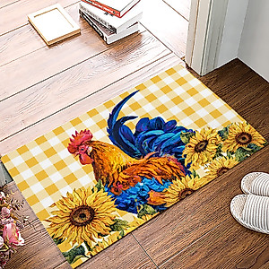 Farm Animal Rooster Rustic Sunflower Watercolor Doormat Bath Rugs Non Slip, Washable Cover Floor Rug Absorbent Carpets Floor Mat Home Decor for Kitchen Bedroom Yellow and White Buffalo Check (16x24)