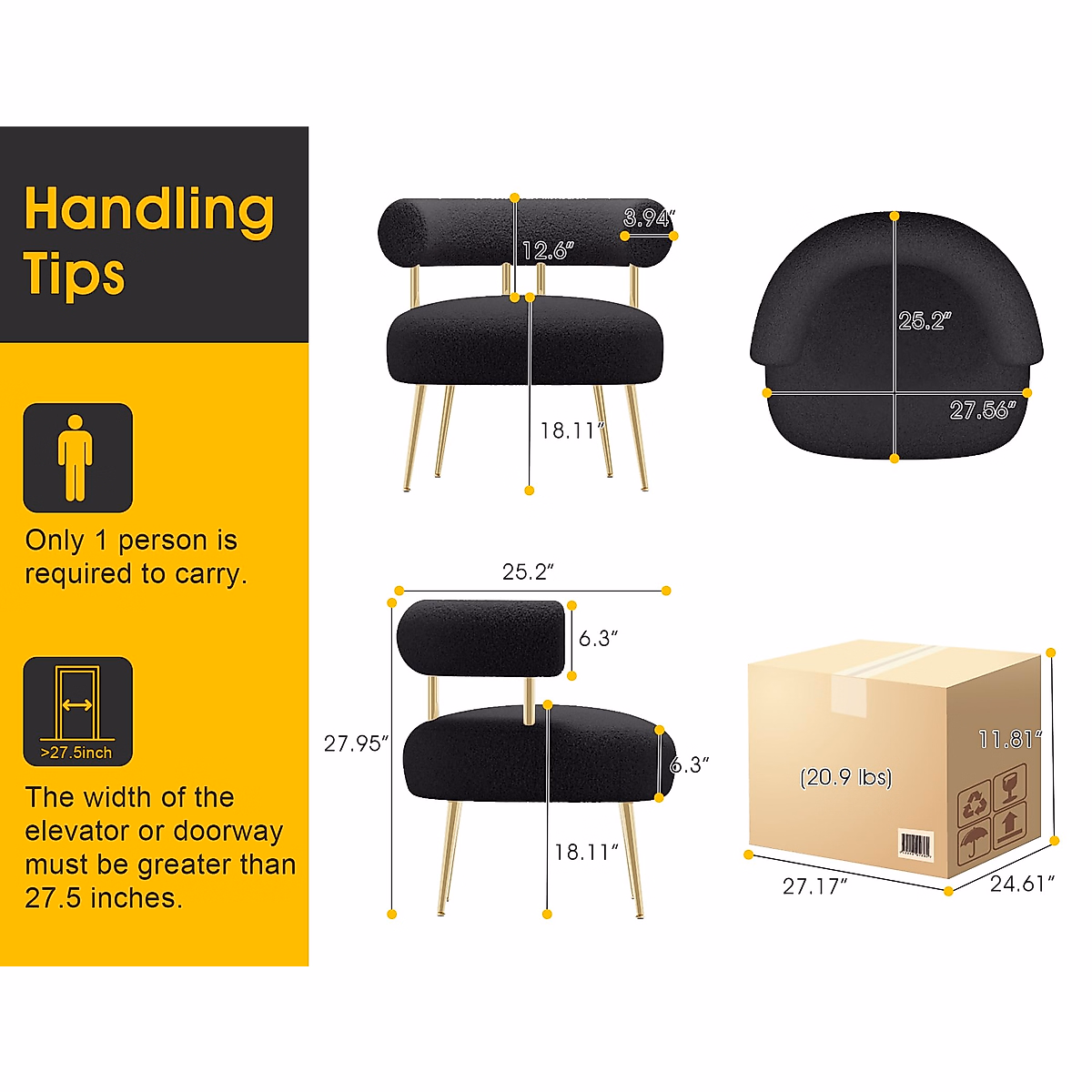 Dewhut Mid Century Sherpa Boucle Accent Chair, Round Upholstered Barrel Arm Chair for Small Spaces, Fluffy Side Corner Sofa Armchair for Living Room, Bedroom, Vanity, Office, Reading Nook(Black)