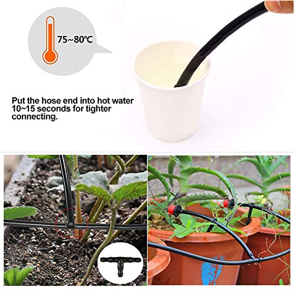 Kalolary 200PCS Irrigation Fittings Kit, Drip Irrigation Barbed Connectors for 1/4-Inch Vegetable Garden Lawn Water Hose Connectors(80 Straight Barbs+60 Tees+20 Elbows+20 End Plug+20 4-Way Coupling)