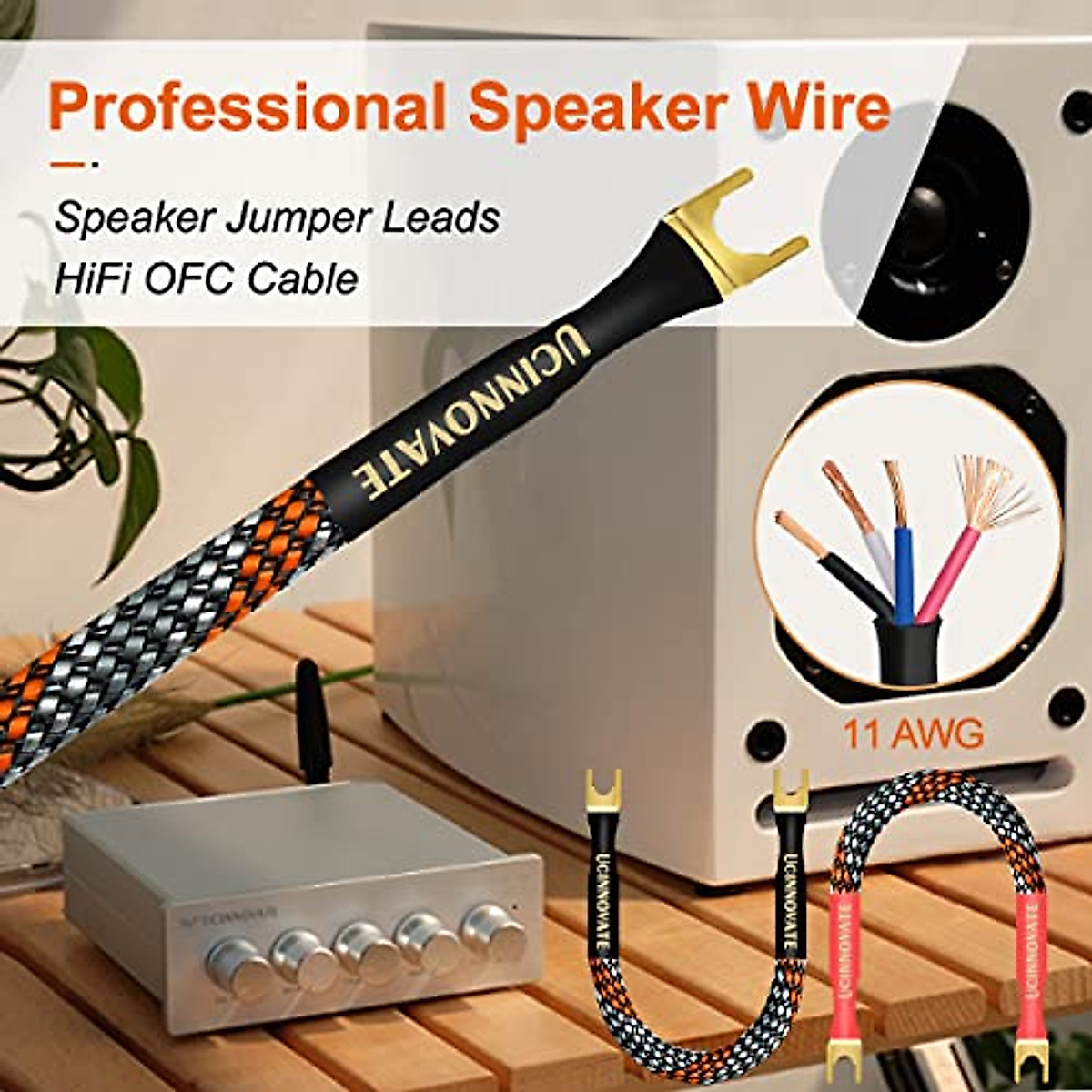 UCINNOVATE 4 x HiFi OFC Speaker Jumper Cable with Spade, 21cm Speaker Cable Bridge Bi-Wire Speaker Jumper Plates, 11AWG Cable Bridge to Speaker Cable Terminals with 8 Gold Plated Spade