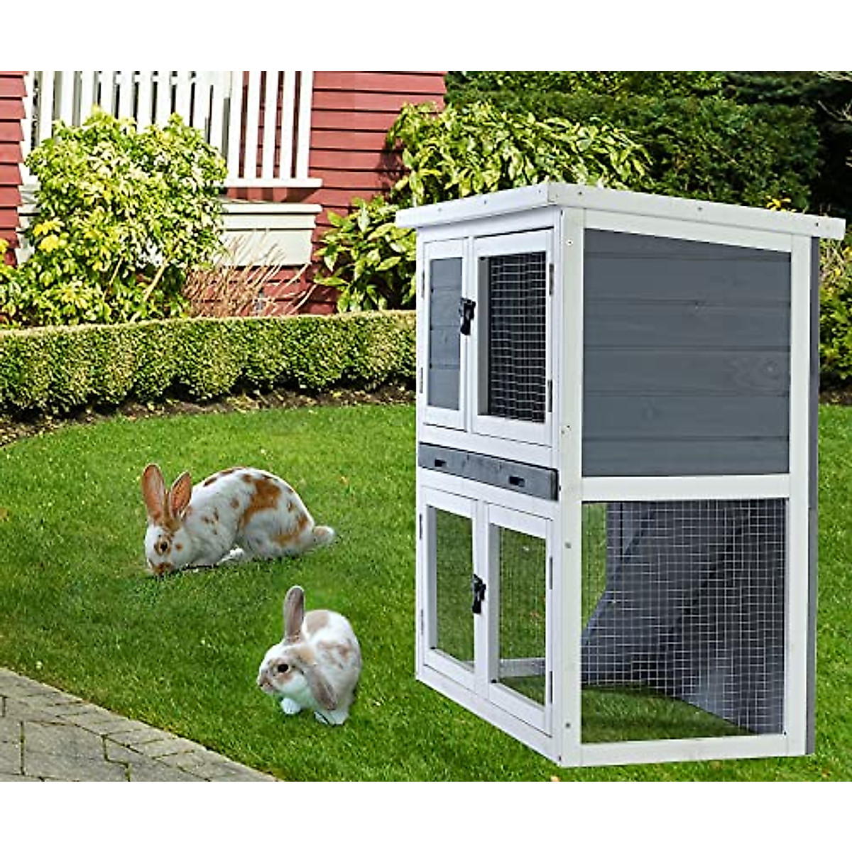 Evedy Wooden 2-Layer Pet House with Easy Clear Tray,Rabbit Bunny Hutch Chicken Coops Dog Cage,Dark Gray, 36''L X 17.7''D X 31.9''H