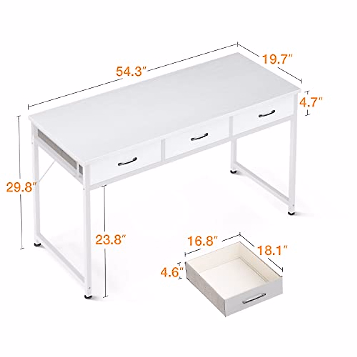 ODK 55 Inch Computer Desk with 3 Fabric Drawer, Home Office Desk Modern Work Writing Study Desk, White