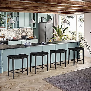 KATDANS Black Bar Stools Set of 2 Counter Height 24 Inches Backless Barstools for Kitchen Counter Modern Saddle Stools Velvet Nailhead Upholstered Stools, KS718PBK, 2Pcs