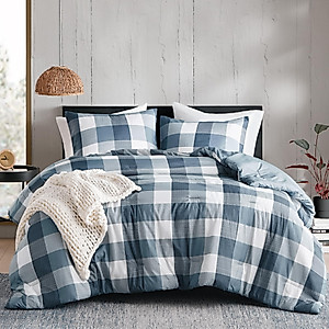 Hyde Lane Plaid Twin Comforter Set for Teen, Farmhouse Comforter Twin Size Bed, Blue and White Comforter, Grid Buffalo Lightweight 3 Pieces Bed Sets Includes 1 Comforter, 1 Shams (66 x 90 Inch)