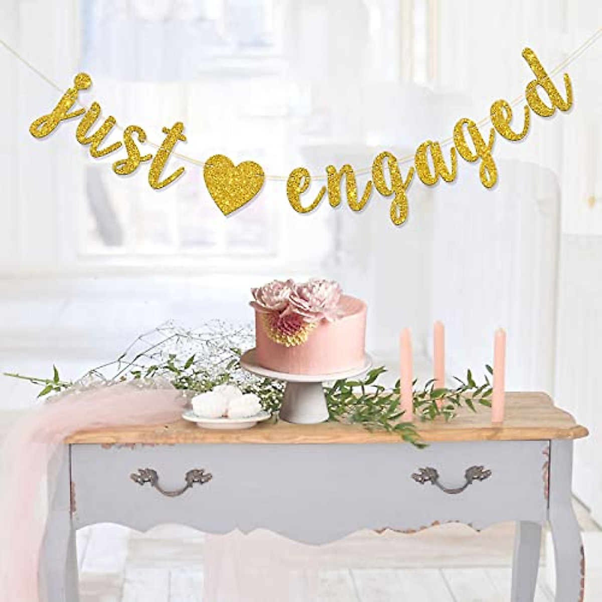 RoadSea Just Engaged Banner - Bachelorette Party Garland Supplies - Engagement - Hen Night Party Decorations - Gold Glitter
