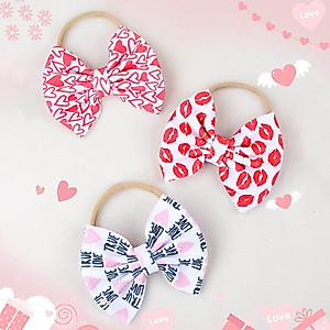 NCMAMA Valentine's Day Baby Headbands Pink Red Love Heart Printed Elastic Nylon Valentines Hairbands for Baby Girls Newborn and Infant 3 Pcs (Valentine's Day- A)