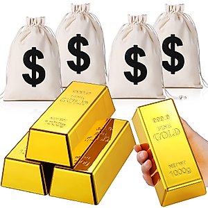 HyDren Fake Gold Bar Movie Prop Money 6.5 Inch Replica Gold Bar Glittering Gold Brick Bullion and Money Bag Pouch for Stage Decoration Halloween Pirate Costume Party Supplies Paper Weight Door Stop