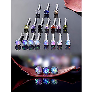 Kridzisw 18G Nose Ring Stud Piercing Jewelry for Women 316L Stainless Surgical Steel Silver Diamond Crystal Straight Opal Nose Ring Stud Hoop Earrings Bar Pin Bone Pink Piercing Jewelry Women Men 2mm