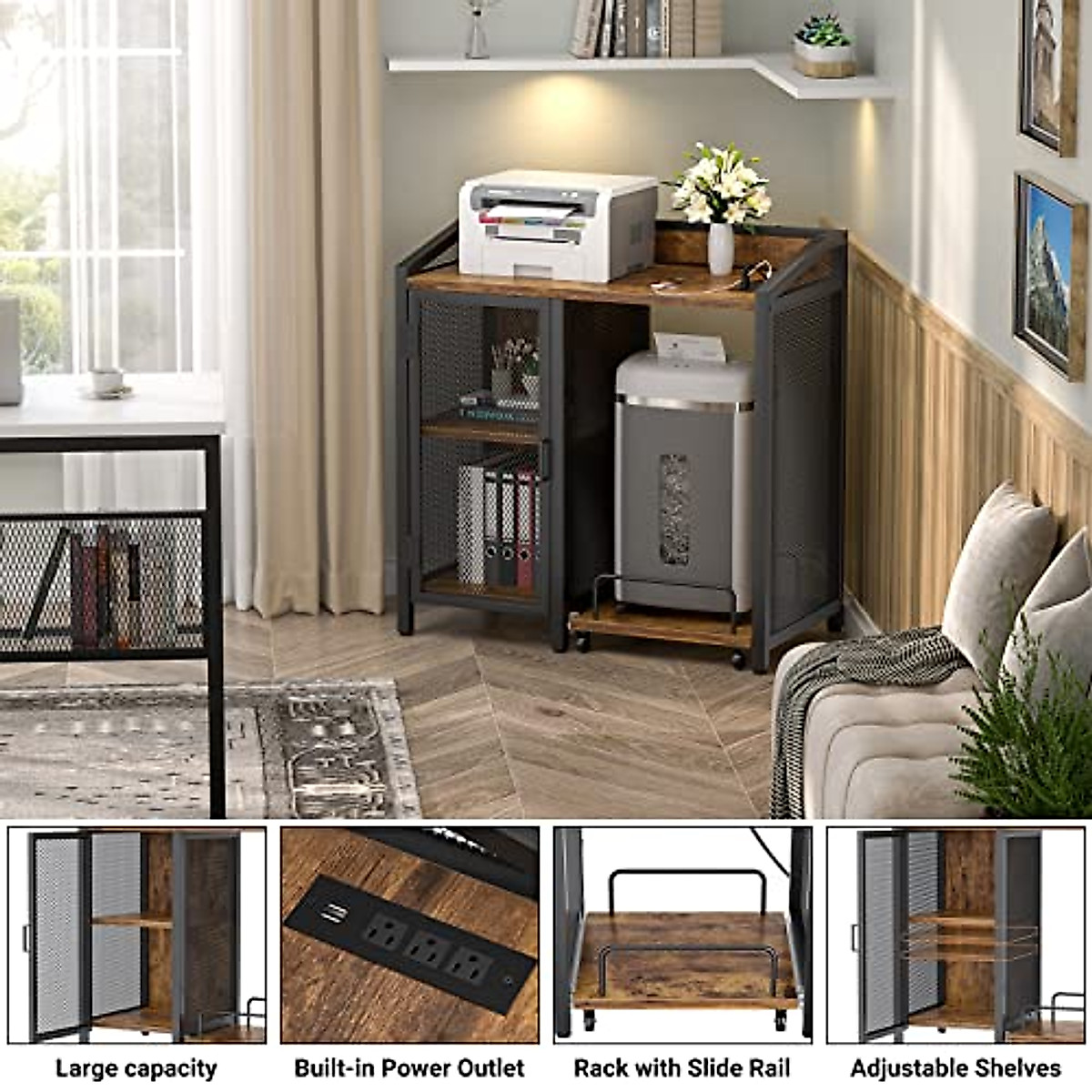 Unikito 3-Tier Lateral Office Filing Cabinets with Socket and USB Charging Port, Modern Printer Stand and Paper Shredder Stand Rack with Wheels and Open Storage Shelves for Home Office, Rustic Brown