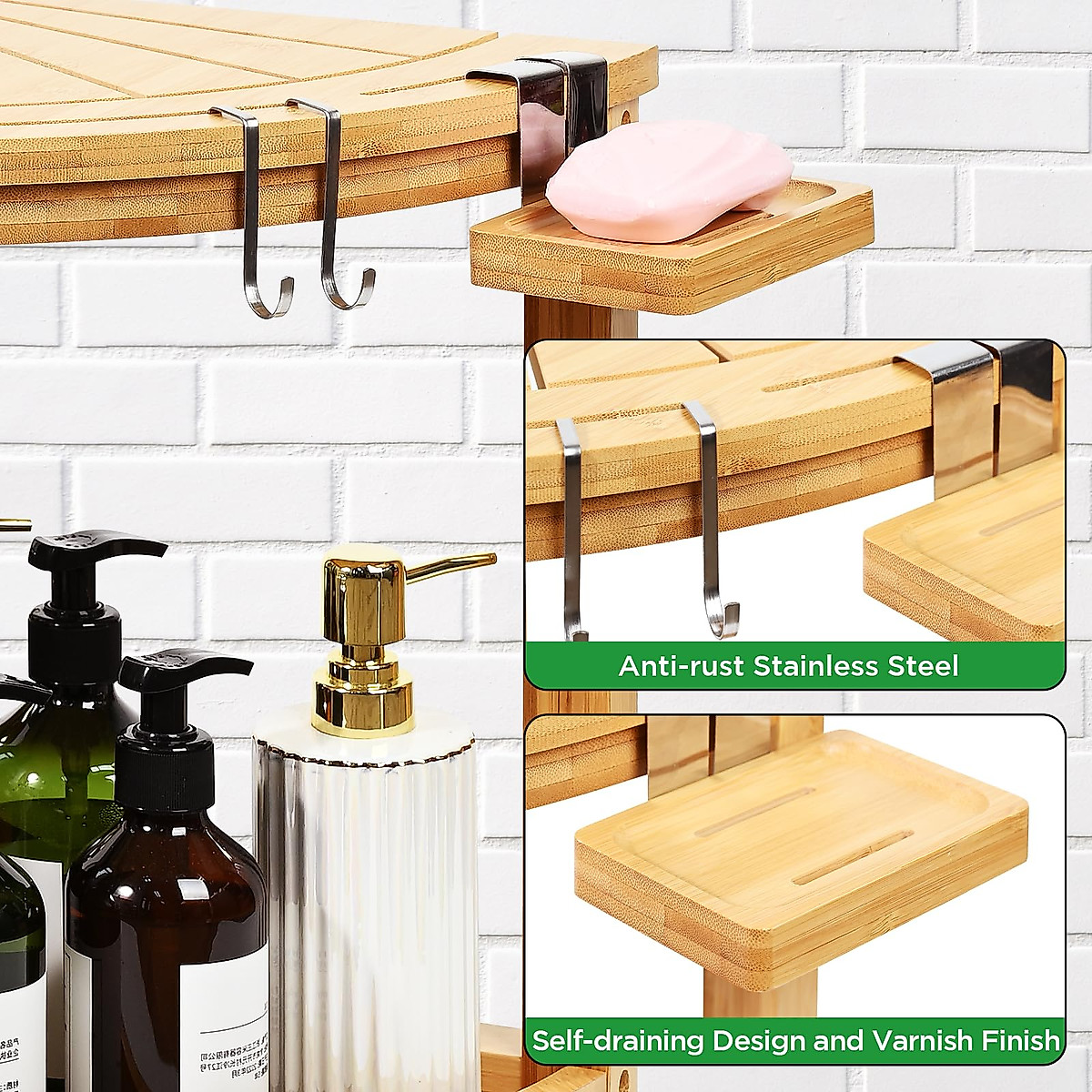Ollieroo 2-Tier Bamboo Corner Shower Stool for Shaving Legs, Waterproof Shower Bench with Storage Shelf and Soap Dish, Shower Chair for Inside Shower, Non-Slip Shower Foot Rest(Natual)
