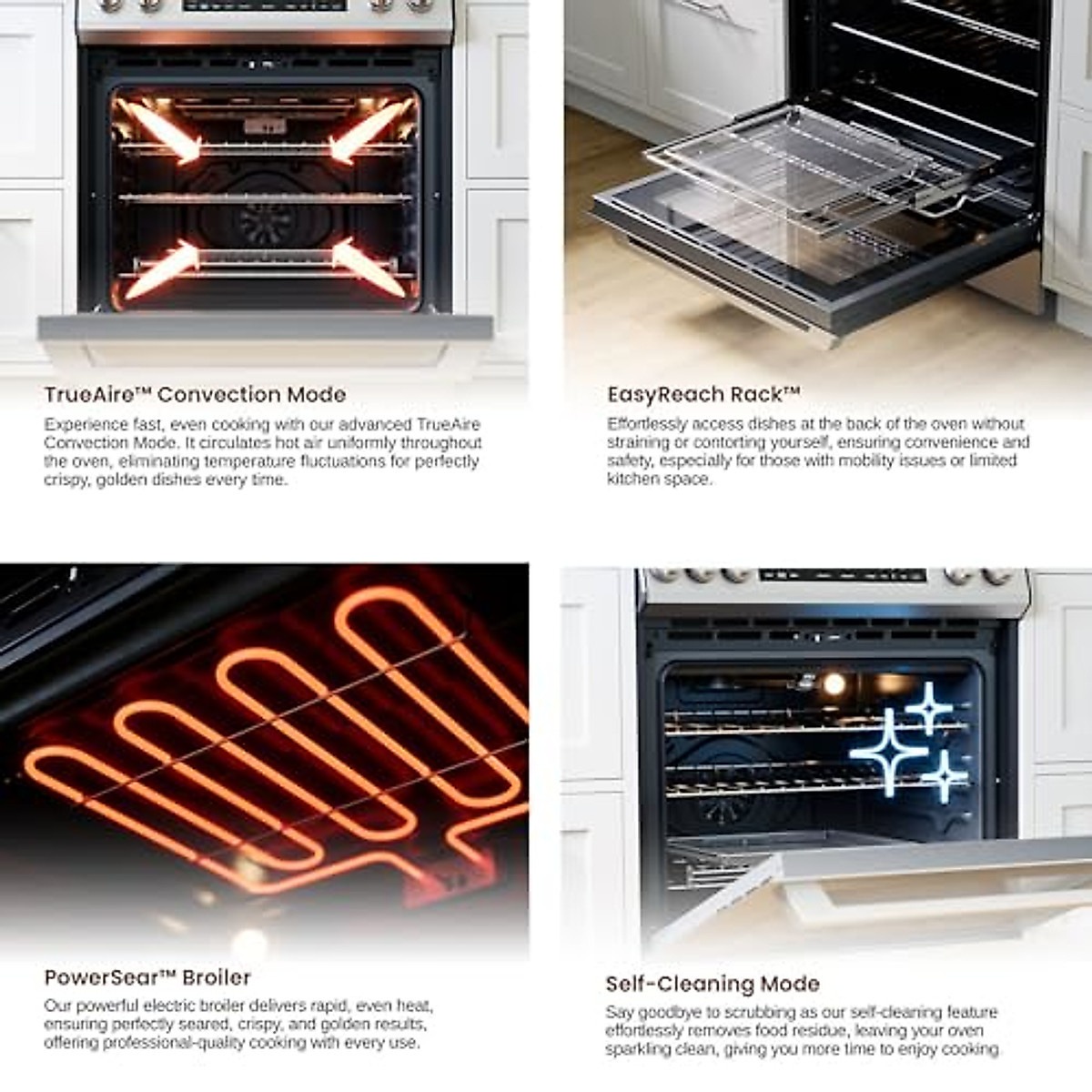 RANGAIRE RRI303GS 30" Range, 4 Induction Burners, 5.0 cu. Ft. Capacity, Freestanding Slide-in AirFry, True Convection Oven, Self Cleaning, Easy Reach Racks, Glass Touch, Stainless Steel