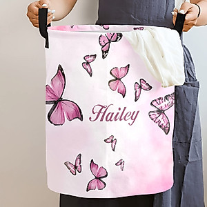 Pink Butterflies Personalized Waterproof Foldable Laundry Basket Bag with Handle, Custom Collapsible Clothes Hamper Storage Bin for Toys Laundry Dorm Travel Bathroom