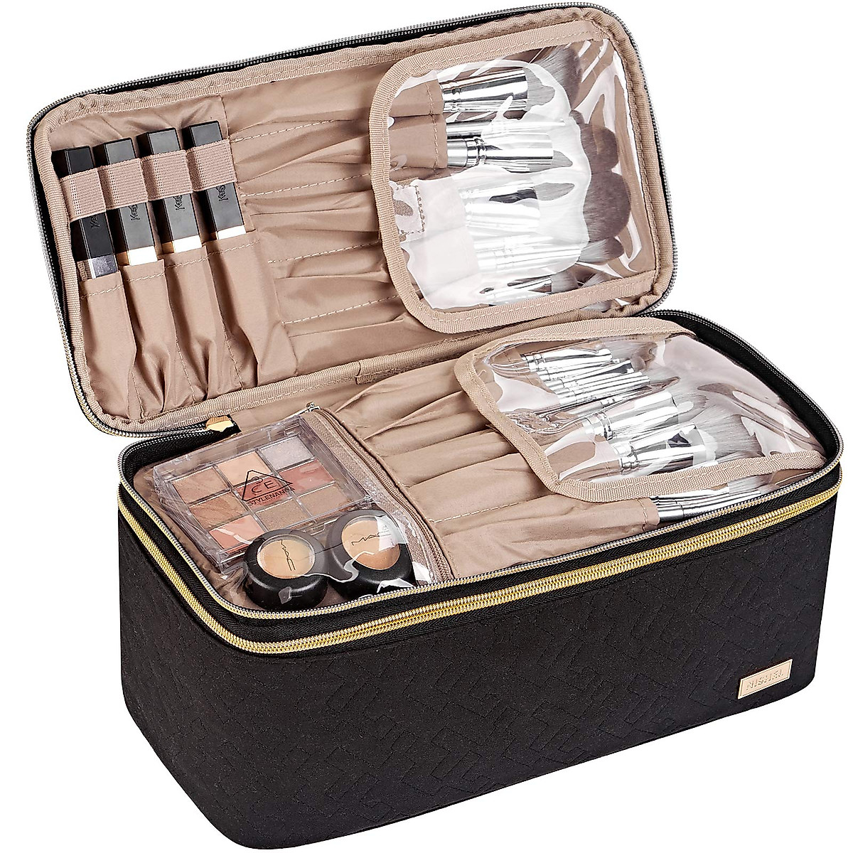 NISHEL Double Layer Makeup Bag Large Travel Cosmetic Case, Makeup Organizer for Lots of Brushes, Portable Toiletry Bag for Women and Girls, Black