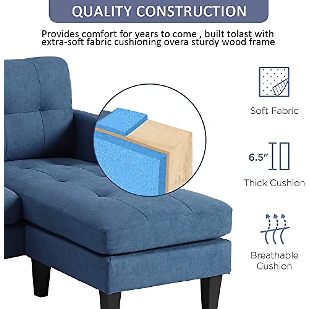 Grepatio Convertible Sectional Sofa Couch, L-Shaped Couch with Modern Linen Fabric for Small Space (Blue)